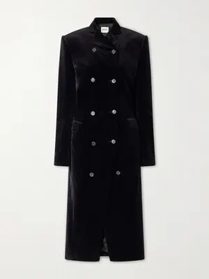 Khaite Rolon Velvet Double-breasted Long Coat - Black