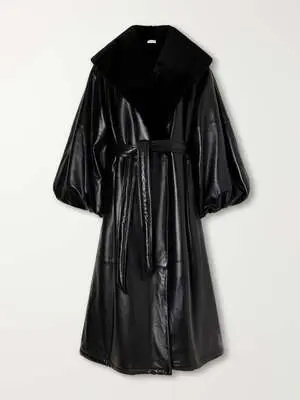 Magda Butrym Belted Plush-trimmed Leather Coat - Black
