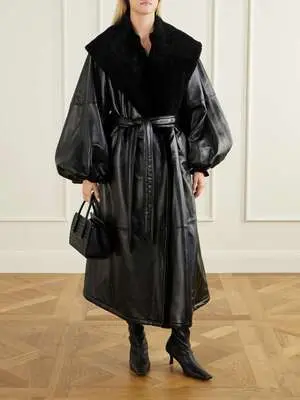 Magda Butrym Belted Plush-trimmed Leather Coat