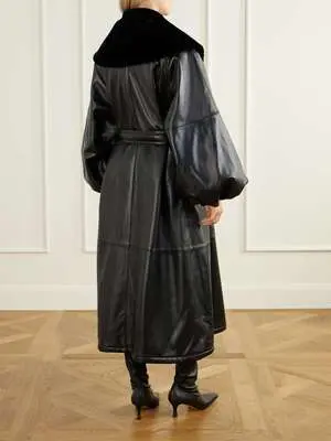 Magda Butrym Belted Plush-trimmed Leather Coat