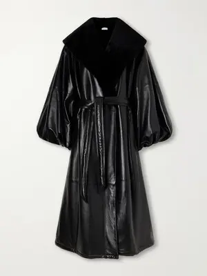 Magda Butrym Belted Plush-trimmed Leather Coat - Black