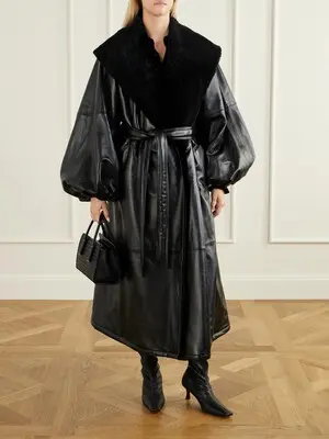 Magda Butrym Belted Plush-trimmed Leather Coat