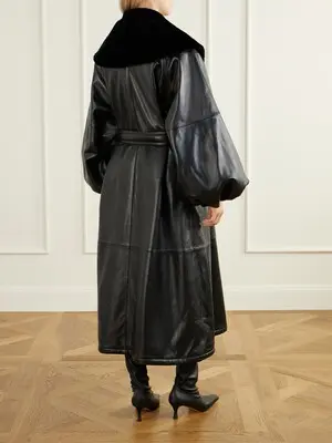 Magda Butrym Belted Plush-trimmed Leather Coat