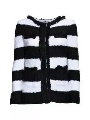 CHARLOTT Striped Fringed-trim Tweed Jacket - Black