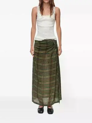 Bimba Y Lola Khaki Checked Gathered Fluid Skirt