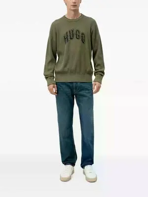Hugo Oversized-fit Sweater In Ribbed Cotton With Varsity Logo - Green
