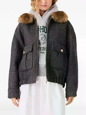 Maje Faux-fur Collar Herringbone Jacket - Grey