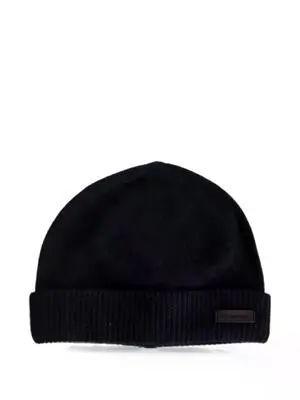 Emporio Armani Logo-plaque Ribbed-trim Beanie Hat - Black