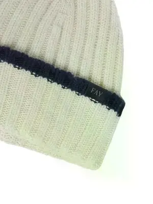 FAY Ribbed Knit Stripe Beanie Hat - Neutrals