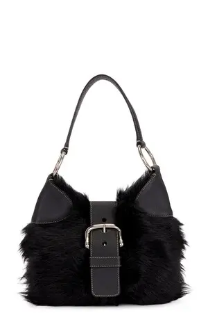 Prada Faux Fur Buckle Hobo Bag - Black