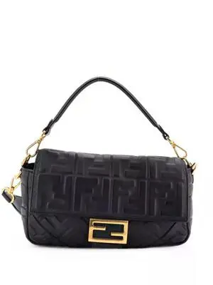 Fendi Baguette Nm Bag Zucca Embossed Leather Medium Crossbody Bag - Black