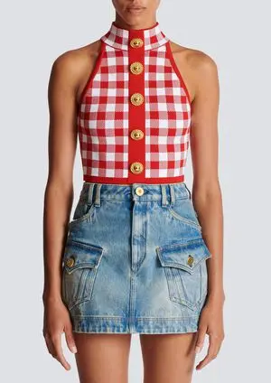 Balmain Gingham Checked Sleeveless Top