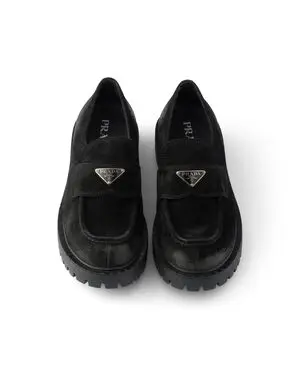 Prada Aged Suede Loafers With Enameled Triangle Logo - Black