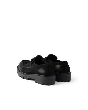 Prada Aged Suede Loafers With Enameled Triangle Logo - Black