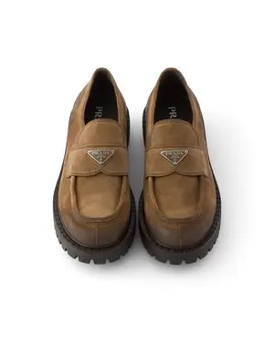 Prada Aged Suede Loafers With Enameled Triangle Logo And Chunky Lug Sole - Brown