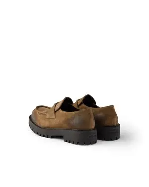 Prada Aged Suede Loafers With Enameled Triangle Logo And Chunky Lug Sole - Brown