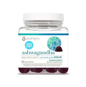 YOUTHEORY Ashwagandha Gummies Ksm 66 Stress Relief And Energy Support Helps Support Mood Sugar Free Blueberry 60 Gummies - No Color