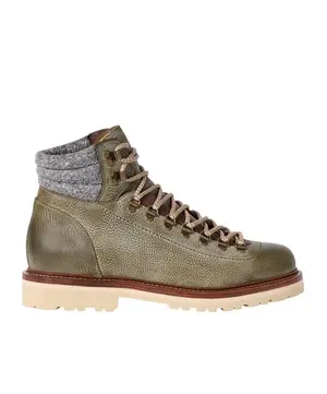 Brunello Cucinelli Lace-up Paneled Leather And Wool Boots - Olive