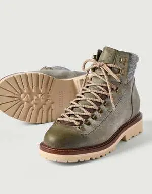 Brunello Cucinelli Lace-up Paneled Leather And Wool Boots - Olive
