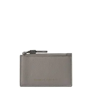 Brunello Cucinelli Grained Calfskin Card Case With Shiny Zipper Pull - Stone Gray