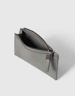 Brunello Cucinelli Grained Calfskin Card Case With Shiny Zipper Pull