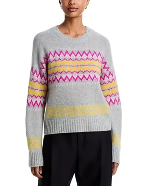 Aqua 100% Cashmere Fair Isle Crewneck Sweater