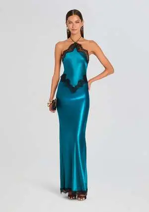Retrofete Everly Lace Trim Halterneck Gown