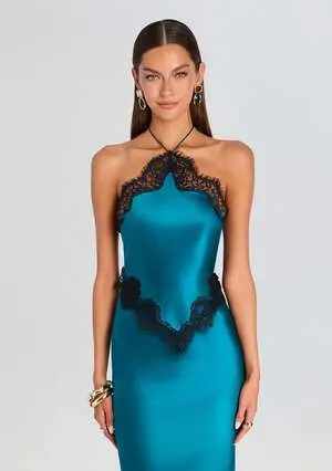 Retrofete Everly Lace Trim Halterneck Gown