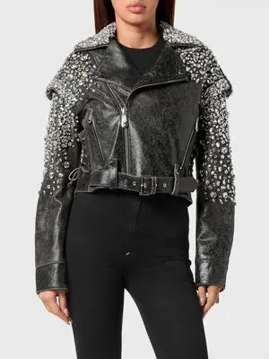 Philipp Plein Embellished Leather Biker Jacket