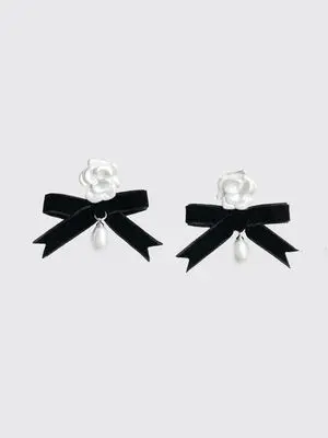 SELF-PORTRAIT Black Velvet Bow And Pearl Drop Earrings