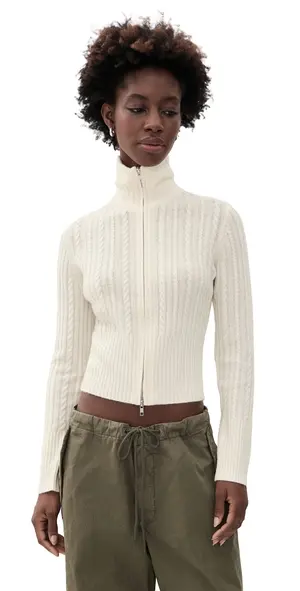 Good American The Cable Zip Up Cardigan - Chalk