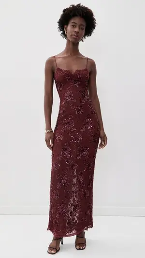 LoveShackFancy Ciona Sequin Lace Gown - Bordeaux
