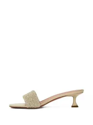 Amina Muaddi Beige Raffia Woven Heeled Sandals