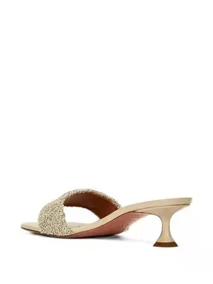 Amina Muaddi Beige Raffia Woven Heeled Sandals
