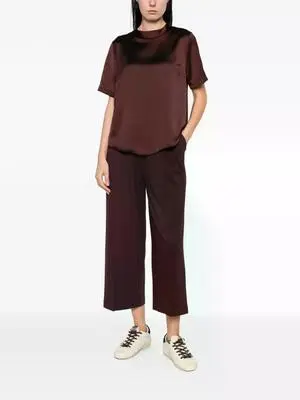 Imperial Bordeaux Red Satin Finish High Neck Short Sleeve Top - Brown