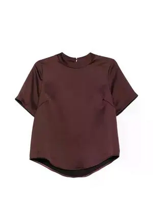 Imperial Bordeaux Red Satin Finish High Neck Short Sleeve Top - Brown