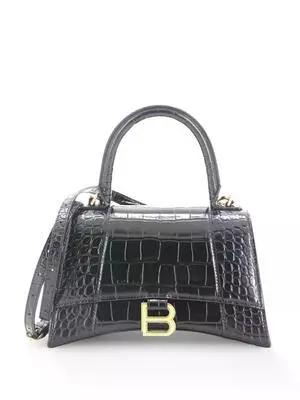 Balenciaga Hourglass Top Handle Bag Crocodile Embossed Leather Small Crossbody Bag - Black