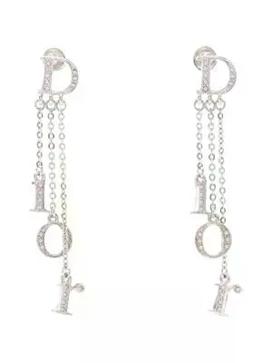 Dior 2010s Logo Rhinestone Drop Earrings - Silver