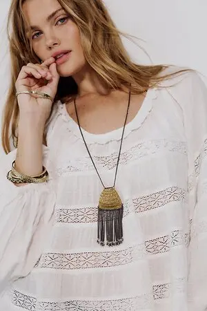Free People Zelda Pouch Necklace With Fringe Detail - Gold Base