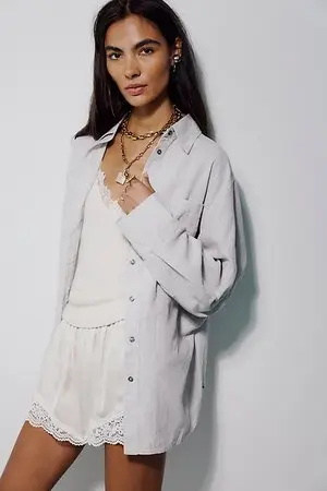 Free People Sabine Striped Linen Button Down Top