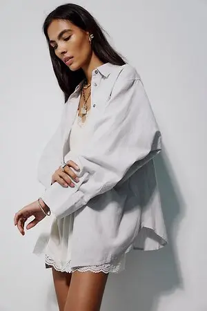 Free People Sabine Striped Linen Button Down Top