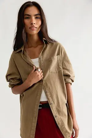 Free People Sabine Striped Linen Button Down Top - Aloe