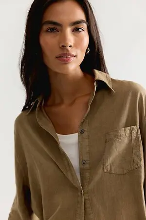 Free People Sabine Striped Linen Button Down Top - Aloe