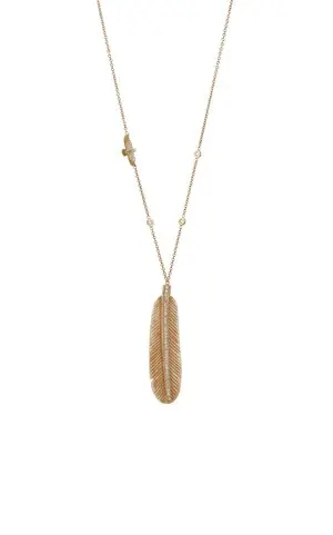 Jacquie Aiche 14k Yellow Pave Bone Feather 3 Dia Baby Thunderbird Side Necklace