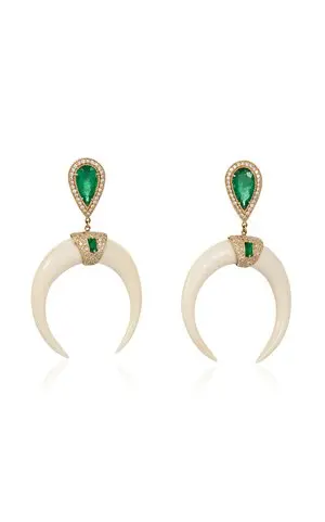Jacquie Aiche 14k Yellow Gold Pave Diamond Emerald Teardrop And Double Bone Horn Baguette Cut Dia Center Earrings Pair - Green