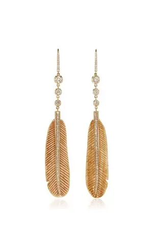 Jacquie Aiche 14k Yellow Gold 3 Sophia Diamond + Pave Natural Bone Feather Earrings - Neutral
