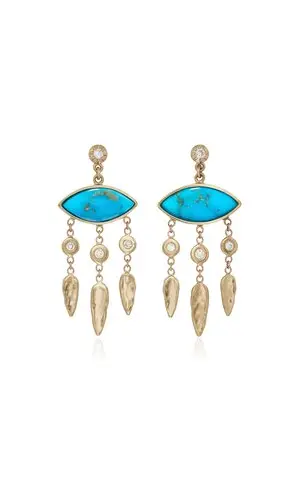 Jacquie Aiche 14k Yellow Turquoise Marquise + Diamond Hammered Teardrop Chandelier Drop Stud Earrings - Gold