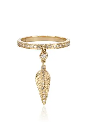 Jacquie Aiche 14k Yellow Sophia Diamond + Tiny Feather Dangle Pave Ring - Gold