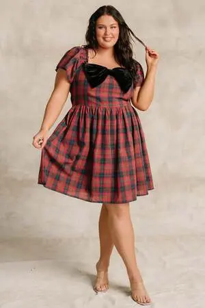 IN FEBRUARY Claudine Plaid Mini Dress With Velvet Bow