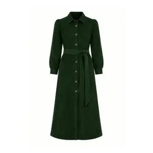 RAISHMA Delphine Corduroy Belted Midi Shirt Dress